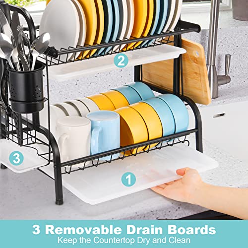 JOFTIX Dish Drying Rack, 2 Tier Stainless Steel Dish Rack for Kitchen Counter, Large Rust-Proof Dish Drainer with Drainboard, Utensil Holder, Cutting Board Holder, Black