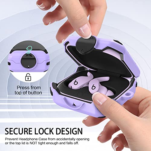 [with Lock] Case Cover for Beats Fit Pro Case 2021, Shock-Absorbing Protective PC+TPU Security Lock Cases Compatible with Beats Fit Pro with Keychain/Lanyard/Cleaning Brush (Purple)