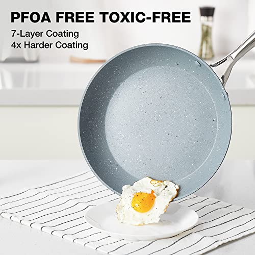 HLAFRG 8 Inch Nonstick Frying Pan with Lid,Blue Marble Die-cast Skillet, Stone-Derived Coating,APEO & PFOA Free, with Soft-touch Ergonomic Handle,Oven Safe and Induction Compatible…