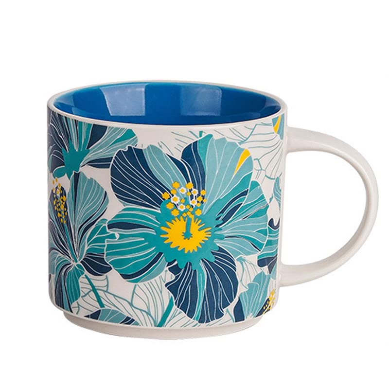 Caalio Ceramic Tea Cup Coffee Mug for Office and Home, Hand Painted with Handles, Vintage Flower Blossom Mug, Dishwasher Microwave Safe, Blue - 15.8oz