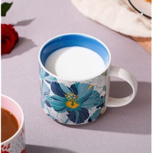 Caalio Ceramic Tea Cup Coffee Mug for Office and Home, Hand Painted with Handles, Vintage Flower Blossom Mug, Dishwasher Microwave Safe, Blue - 15.8oz