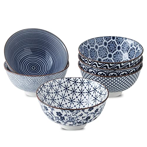 YELLOYA Porcelain Cereal Bowls 24 oz - 6 Inch Ceramic Soup Bowl, Set of 6,Vintage Blue and White Bowls for Rice, Salad, Snack, Dishwasher & Microwave Safe