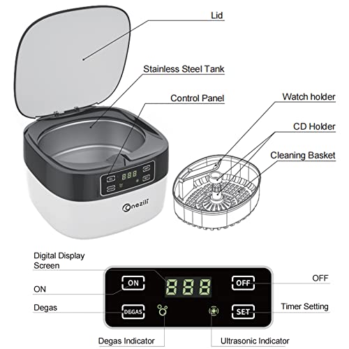 ONEZILI Ultrasonic Jewelry Cleaner, 650ml Portable Ultrasonic Glasses Cleaner Machine with Degas and 5 Digital Timer, for Cleaning Eyeglasses, Jewelry, Rings, Silver and Watches