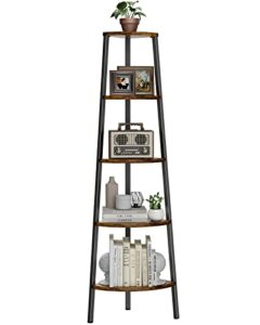 pipishell corner shelf, 5 tier bookshelf bookcase, industrial corner bookshelf plant shelf for bedroom, living room, office, kitchen, display shelf & storage ladder corner shelf, rustic brown