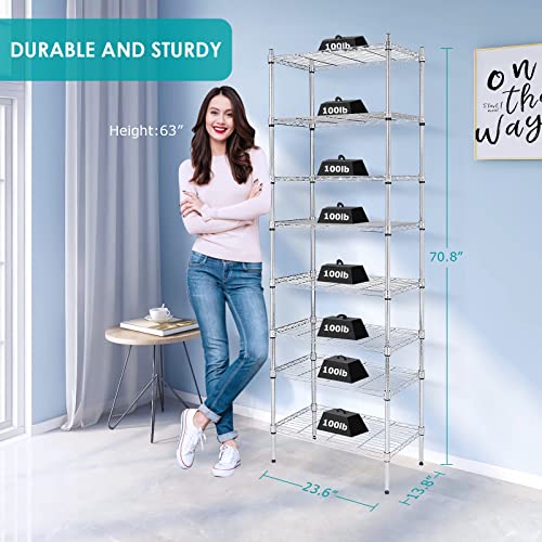 8 Tier Tall Wire Shelving Unit, Adjustable Wire Shelves with NSF Certified, Narrow Metal Storage Rack Shelf Unit for Kitchen, Laundry, Bathroom (13.8" D x 23.6" W x 71" H, Chrome)