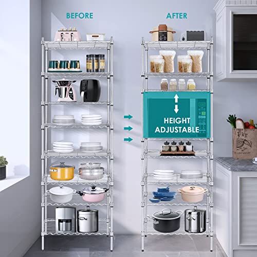 8 Tier Tall Wire Shelving Unit, Adjustable Wire Shelves with NSF Certified, Narrow Metal Storage Rack Shelf Unit for Kitchen, Laundry, Bathroom (13.8" D x 23.6" W x 71" H, Chrome)