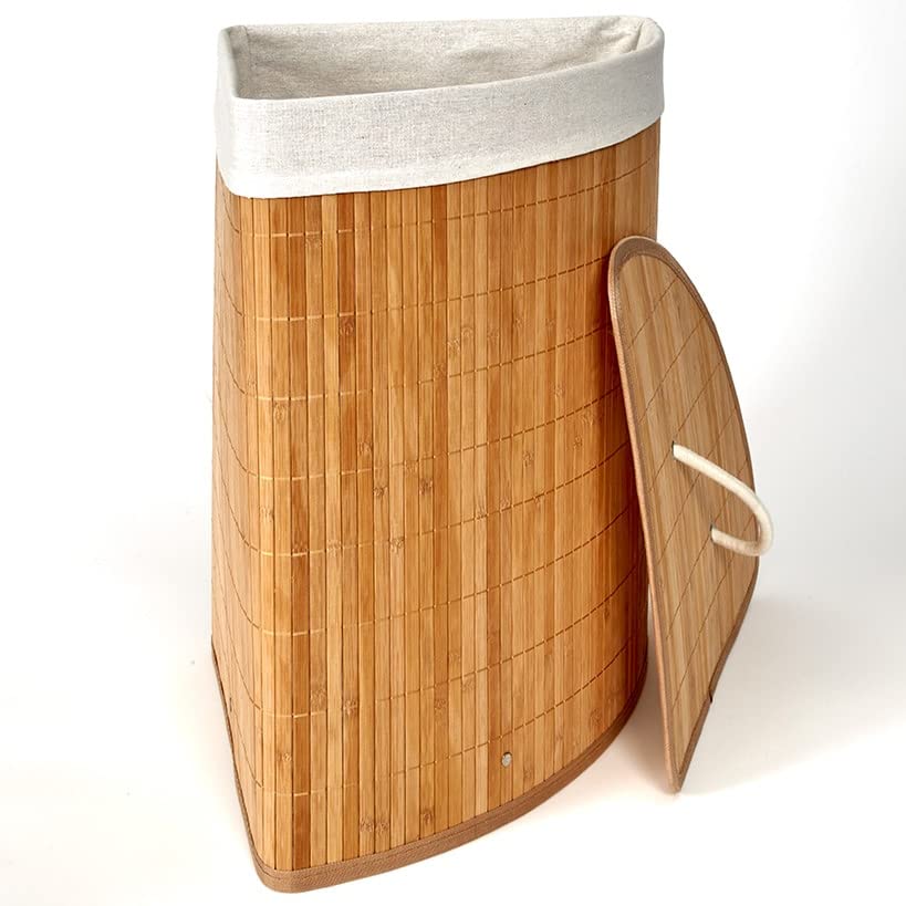 Welcome Industrial Bamboo Clothes Hamper - Clothing Basket with Carrying Handles - Corner