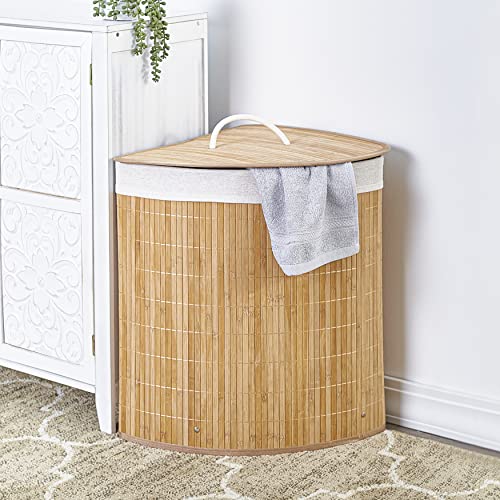 Welcome Industrial Bamboo Clothes Hamper - Clothing Basket with Carrying Handles - Corner