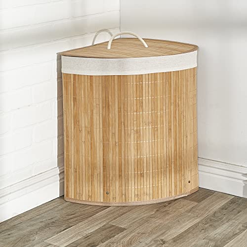 Welcome Industrial Bamboo Clothes Hamper - Clothing Basket with Carrying Handles - Corner