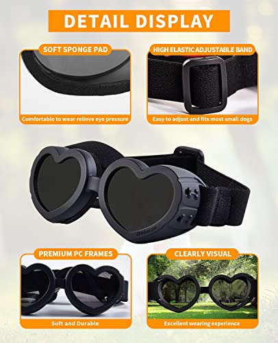 Suxible Dog Goggles Small Breed Dog Sunglasses, UV Protection Heart Shape Dog Sunglasses with Adjustable Strap, Waterproof Goggles for Dogs Doggy Pet Puppy Sun Glasses Doggie Windproof Glasses-Black