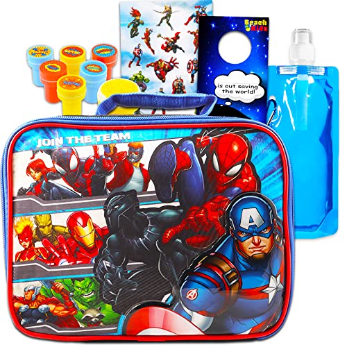 Marvel Store Lunch Box & Water Bottle Set - Avengers School Supplies Bundle with Insulated Lunch Box & Water Bottle for Kids Plus Stickers, Stampers, & More (Avengers Lunch Set)