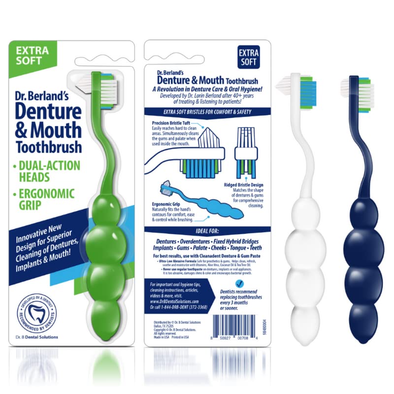 Dr. B Dental Solutions Ergonomic Denture and Mouth Toothbrush, Extra Soft Bristles Removes Adhesives, Food, Stains and Odors, Single Blue Pack