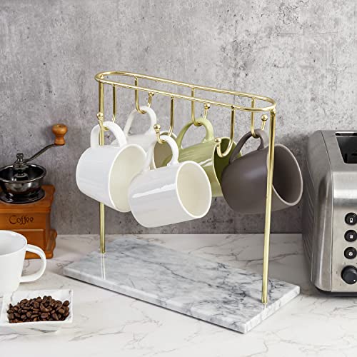 MyGift Countertop Modern Brass Metal Coffee Mug Holder Rack Stand with Marble Base and 6 Hooks, Decorative Tea Cup Storage Display Rack