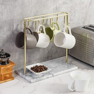 MyGift Countertop Modern Brass Metal Coffee Mug Holder Rack Stand with Marble Base and 6 Hooks, Decorative Tea Cup Storage Display Rack