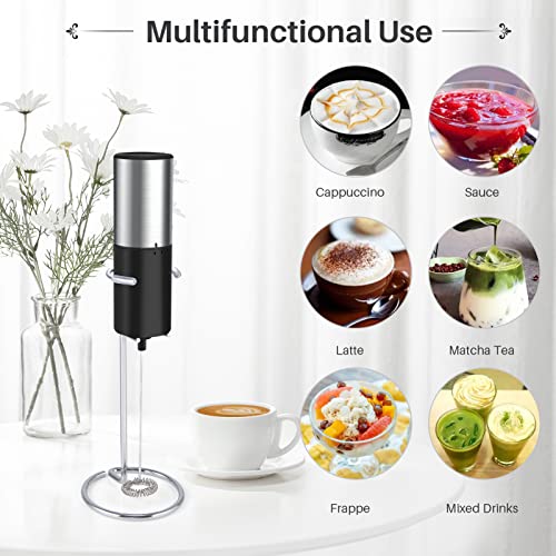 Electric Milk Frother Handheld Mini Foam Maker for Lattes - Whisk Drink Mixer for Coffee with Stainless Steel Stand | Powerful Milk Frother Handheld for Lattes Frappe Matcha Hot Chocolate-Black