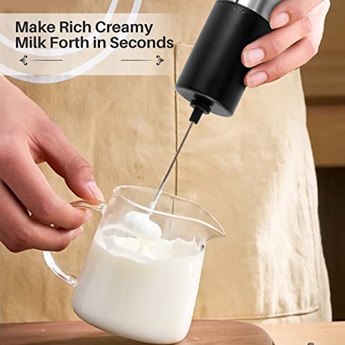 Electric Milk Frother Handheld Mini Foam Maker for Lattes - Whisk Drink Mixer for Coffee with Stainless Steel Stand | Powerful Milk Frother Handheld for Lattes Frappe Matcha Hot Chocolate-Black