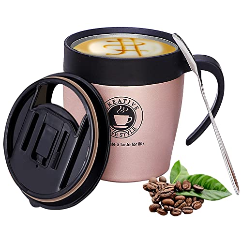 DOUSON 12oz Coffee Mug Cup with Handle and Lid, Insulated Stainless Steel Coffee Travel Mug, Double Wall Vacuum Tumbler Cup Include Lid Insulated, Ideal for Hot & Cold Drinks, Rose Gold