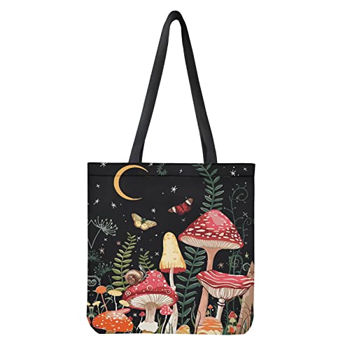 Xpyiqun Mushroom Canvas Tote Bag Aesthetic Shoulder Handbag for Girls Moon Star Grocery Bags Reusable Heavy Duty Large Shopping Bag Beach Click Bags Kids Bookbag Stuff Sack Storage Pouch