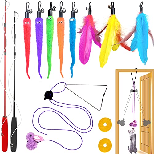 ZPH Cat Toys Interactive for Indoor Cats,2PCS Retractable Cat Wand Toys,10PCS Teaser Toys&1PCS Hanging Door Lure Cat Toy,Interactive Feather toy for Teaser Play and Chase Exercise With Kitten