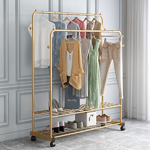 Thick forest Double Layer Clothes Rack Clothes Rack with Wheels Clothing Rack Rolling Rack Metal Rolling Garment Rack with Double-Tier Shelves, Clothes Storage and Organizer (Gold)…