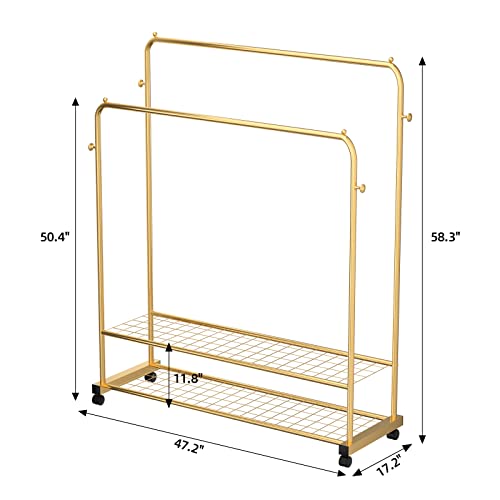 Thick forest Double Layer Clothes Rack Clothes Rack with Wheels Clothing Rack Rolling Rack Metal Rolling Garment Rack with Double-Tier Shelves, Clothes Storage and Organizer (Gold)…