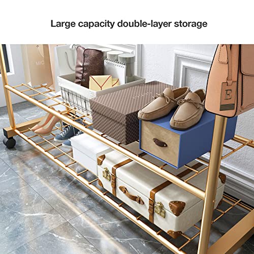 Thick forest Double Layer Clothes Rack Clothes Rack with Wheels Clothing Rack Rolling Rack Metal Rolling Garment Rack with Double-Tier Shelves, Clothes Storage and Organizer (Gold)…