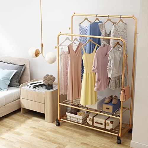 Thick forest Double Layer Clothes Rack Clothes Rack with Wheels Clothing Rack Rolling Rack Metal Rolling Garment Rack with Double-Tier Shelves, Clothes Storage and Organizer (Gold)…