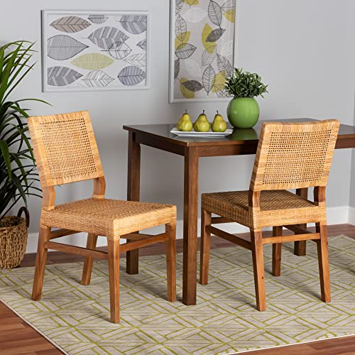 Baxton Studio Lesia Dining Chair Dining Chair Natural Brown Rattan and Walnut Brown Finished Wood 2-Piece Dining Chair Set