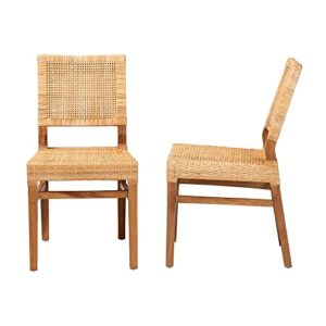 Baxton Studio Lesia Dining Chair Dining Chair Natural Brown Rattan and Walnut Brown Finished Wood 2-Piece Dining Chair Set