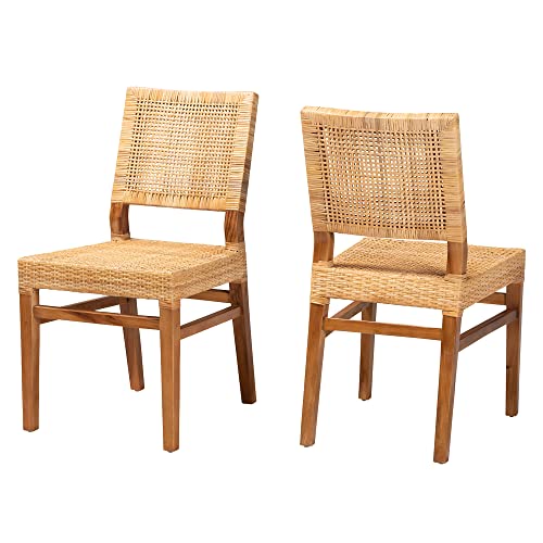 Baxton Studio Lesia Dining Chair Dining Chair Natural Brown Rattan and Walnut Brown Finished Wood 2-Piece Dining Chair Set