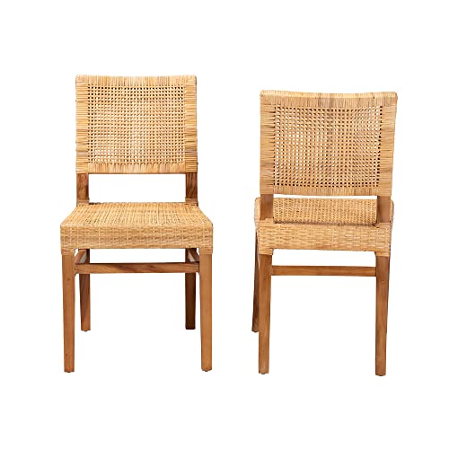 Baxton Studio Lesia Dining Chair Dining Chair Natural Brown Rattan and Walnut Brown Finished Wood 2-Piece Dining Chair Set