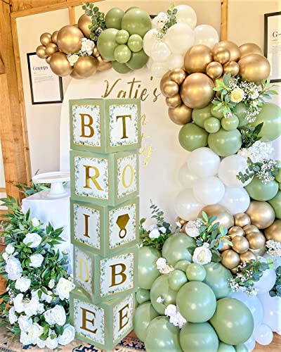 101 PC Greenery Bridal Shower Decorations Balloon Boxes Gold- Blocks with BRIDE TO BE + GROOM + A - Z Letters and 40 Balloons- Engagement Bachelorette Parties Weddings Centerpieces Photo Booth Props