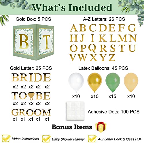 101 PC Greenery Bridal Shower Decorations Balloon Boxes Gold- Blocks with BRIDE TO BE + GROOM + A - Z Letters and 40 Balloons- Engagement Bachelorette Parties Weddings Centerpieces Photo Booth Props