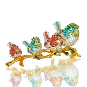 yu feng hand painted enamel four birds trinket box hinged jewelry organizer with crystals ring earrings storage colorful animals figurine collectibles home decor art