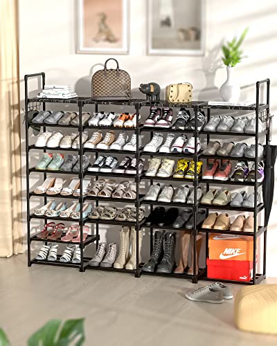 TIMEBAL 8-Tier Shoe Rack, Stackable Shoe Storage Organizer, holds 52-60 Pair Shoes and Boots, Durable Metal Pipes and Plastic Connectors Shoe Shelf Organizer for Entryway, Hallway, Living Room, Black