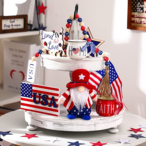 4th of July Tiered Tray Decor Set 6 Pieces Memorial Wooden Signs Forth of July Gnome American Coffee Mug and Beads Garland for Farmhouse Rustic Patriotic Independence Day Decoration