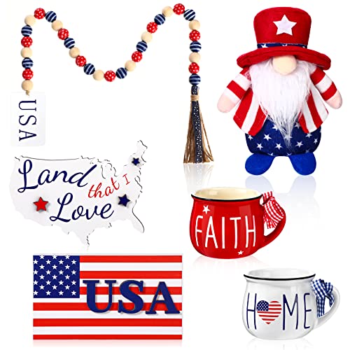 4th of July Tiered Tray Decor Set 6 Pieces Memorial Wooden Signs Forth of July Gnome American Coffee Mug and Beads Garland for Farmhouse Rustic Patriotic Independence Day Decoration