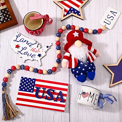 4th of July Tiered Tray Decor Set 6 Pieces Memorial Wooden Signs Forth of July Gnome American Coffee Mug and Beads Garland for Farmhouse Rustic Patriotic Independence Day Decoration