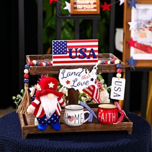 4th of July Tiered Tray Decor Set 6 Pieces Memorial Wooden Signs Forth of July Gnome American Coffee Mug and Beads Garland for Farmhouse Rustic Patriotic Independence Day Decoration