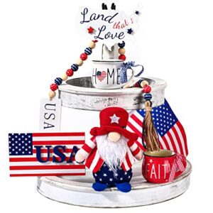 4th of July Tiered Tray Decor Set 6 Pieces Memorial Wooden Signs Forth of July Gnome American Coffee Mug and Beads Garland for Farmhouse Rustic Patriotic Independence Day Decoration