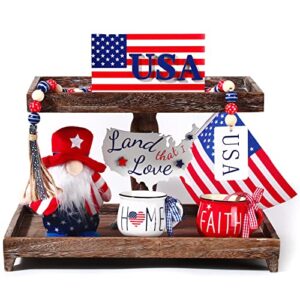 4th of July Tiered Tray Decor Set 6 Pieces Memorial Wooden Signs Forth of July Gnome American Coffee Mug and Beads Garland for Farmhouse Rustic Patriotic Independence Day Decoration