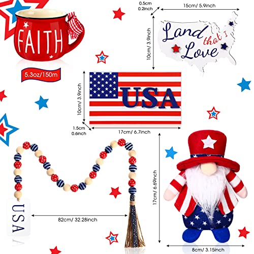 4th of July Tiered Tray Decor Set 6 Pieces Memorial Wooden Signs Forth of July Gnome American Coffee Mug and Beads Garland for Farmhouse Rustic Patriotic Independence Day Decoration