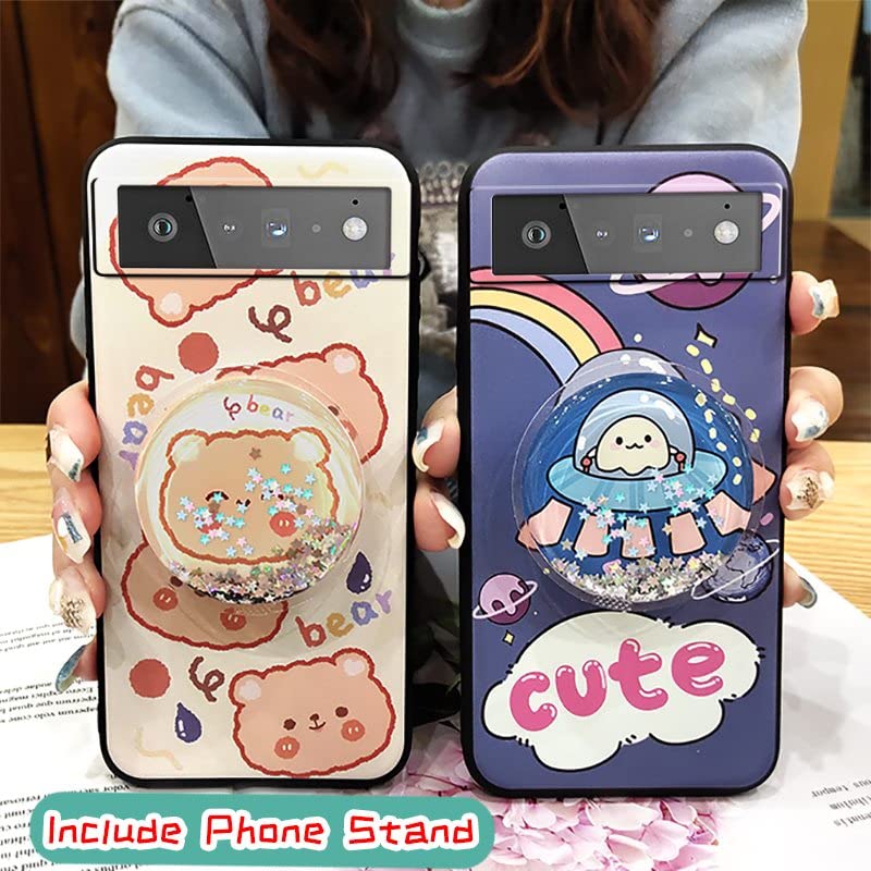 Phone Stand Holder Fashion Design Lulumi Phone Case for Google Pixel 6, Back Cover Glisten Silicone Protective Anti-Knock Soft Case Cute Drift Sand Armor case TPU Cartoon Dirt-Resistant Anti-dust, 3