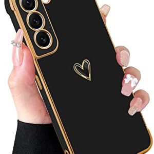 MZELQ Compatible with Samsung Galaxy S22 Case for Women Cute Luxury Gold Heart Pattern Design, Full Camera Protection & Soft TPU Shockproof Protective Plating Edge Phone Case,6.1 inch 2022, Black