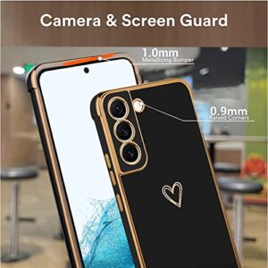 MZELQ Compatible with Samsung Galaxy S22 Case for Women Cute Luxury Gold Heart Pattern Design, Full Camera Protection & Soft TPU Shockproof Protective Plating Edge Phone Case,6.1 inch 2022, Black