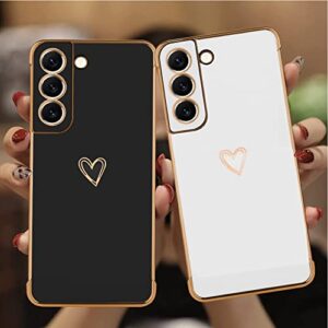 MZELQ Compatible with Samsung Galaxy S22 Case for Women Cute Luxury Gold Heart Pattern Design, Full Camera Protection & Soft TPU Shockproof Protective Plating Edge Phone Case,6.1 inch 2022, Black