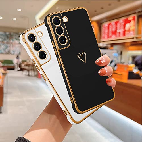 MZELQ Compatible with Samsung Galaxy S22 Case for Women Cute Luxury Gold Heart Pattern Design, Full Camera Protection & Soft TPU Shockproof Protective Plating Edge Phone Case,6.1 inch 2022, Black