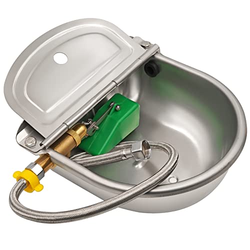 KHEARPSL Automatic Water Bowl with Brass Float Valve, Drain Hole and Hose, Stainless Steel Dog Water Bowl Livestock Waterer for Cattle Pig Goat Dog