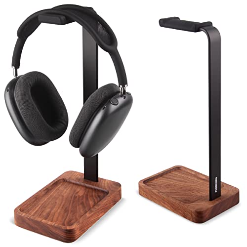 Walnut Wood & Aluminum Headset Holder, PHERKORM Desktop Headphone Stand, Universal Headphone Holder for Most Music Gaming headsets - Black Walnut