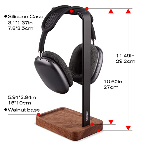 Walnut Wood & Aluminum Headset Holder, PHERKORM Desktop Headphone Stand, Universal Headphone Holder for Most Music Gaming headsets - Black Walnut